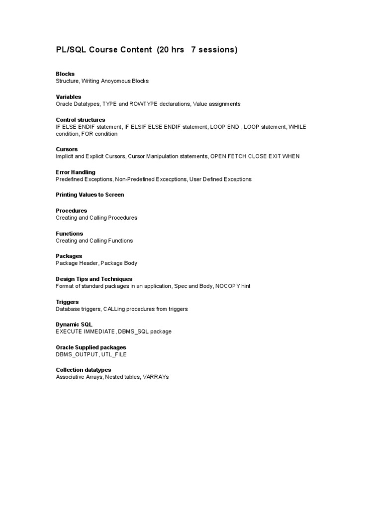 PL/SQL Course Content (20 Hrs 7 Sessions) : Blocks | PDF | Pl/Sql | Sql