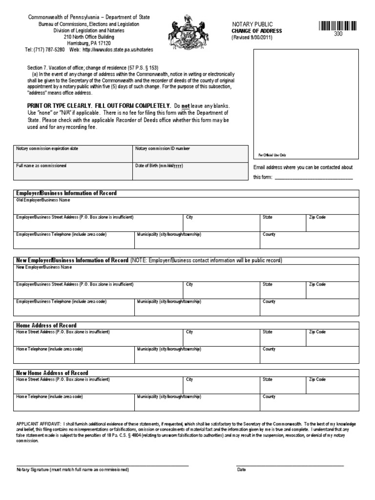 Change of Address | Notary Public | Pennsylvania