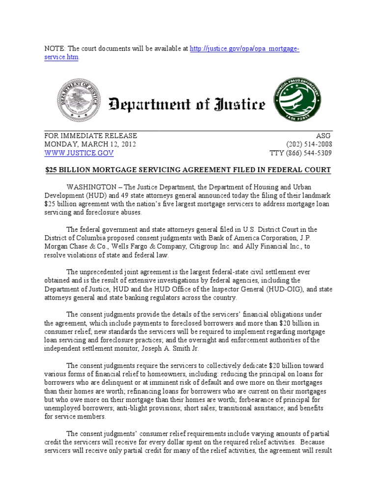 Settlement USDOJ FILING News Release1 | PDF | Foreclosure | Mortgage Loan