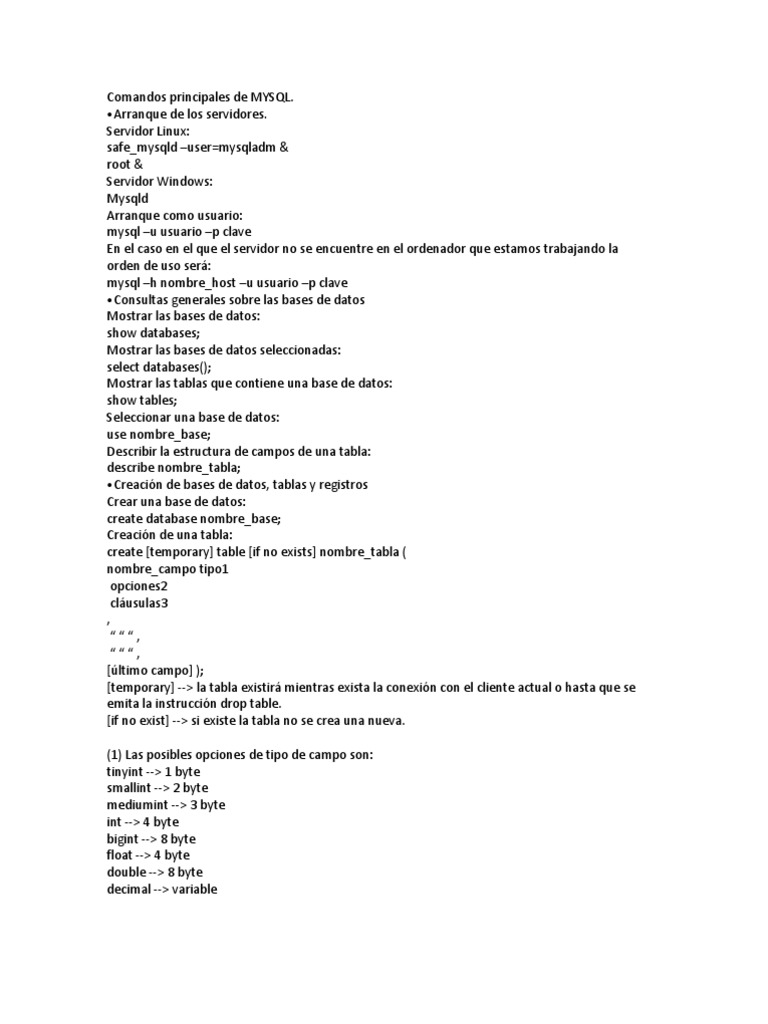 Comandos Principales de MYSQL | PDF | Tabla (base de datos) | Bases de ...