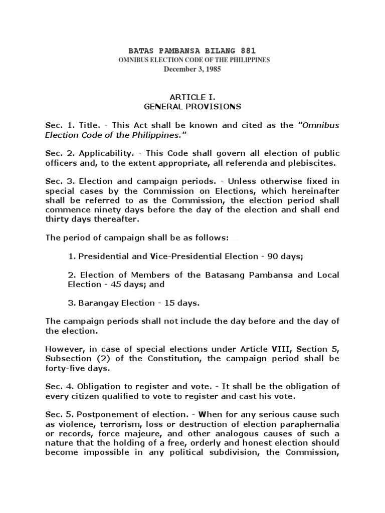 BP 881 - Omnibus Election Code of The Philippines | PDF | Elections ...