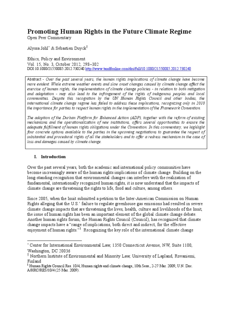 Human Rights in The Climate Regime (Johl and Duyck, 2012) | PDF
