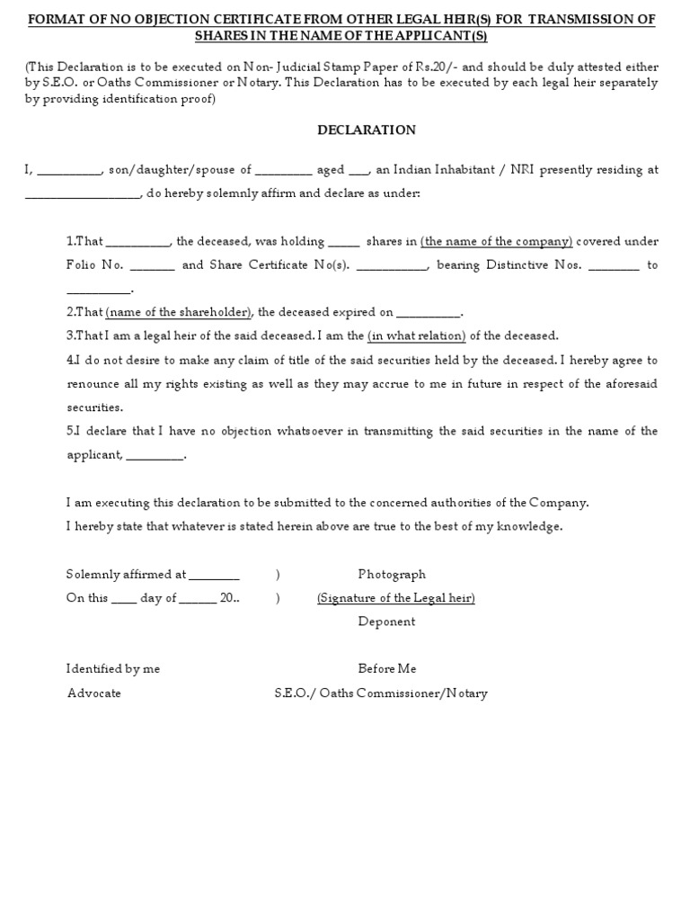 Legal Heir No Objection Certificate Format | PDF | Law