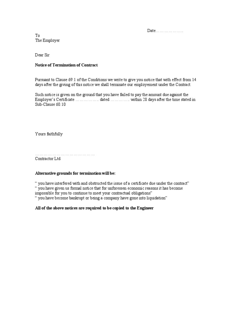 Notice of Termination of Contract