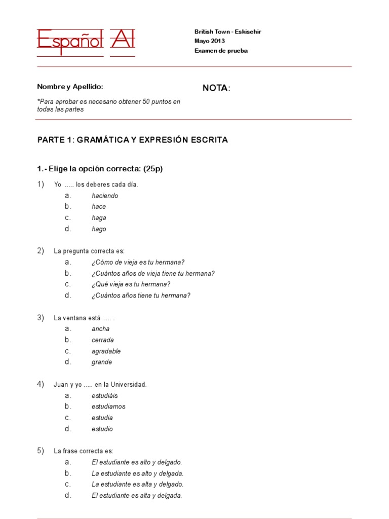 examen prueba español A1 | Idiomas