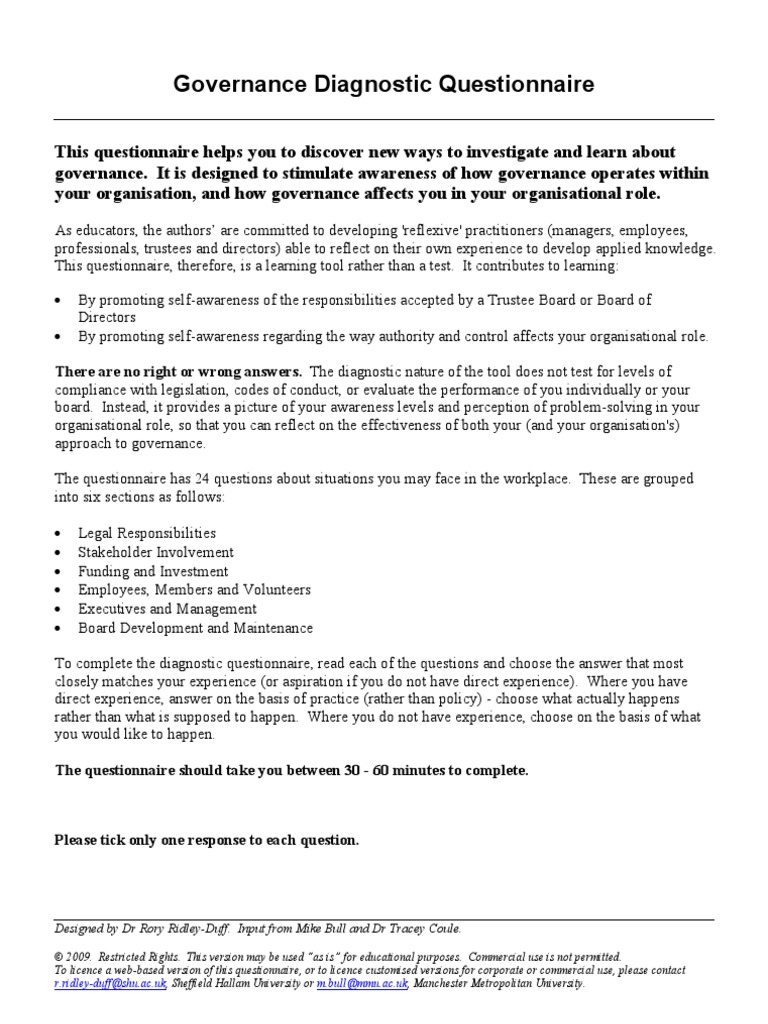 Governance - Diagnostic Questionnaire | PDF | Governance | Board Of ...