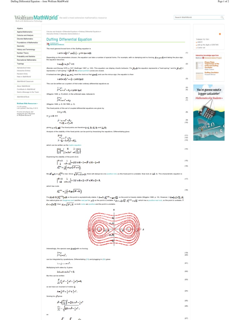Duffing Differential Equation | PDF | Stability Theory | Equations