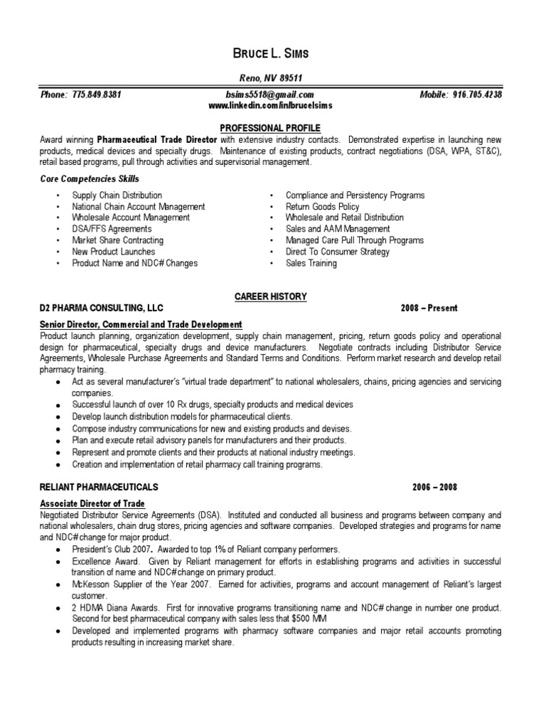 Director Trade Relations Pharmaceuticals in USA Resume Bruce Sims | PDF | Retail | Pharmacy