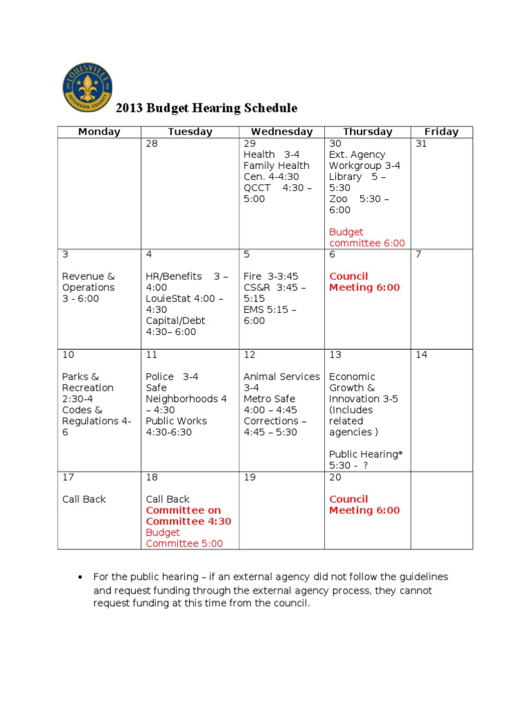 2013 Budget Hearing Schedule Overview | PDF