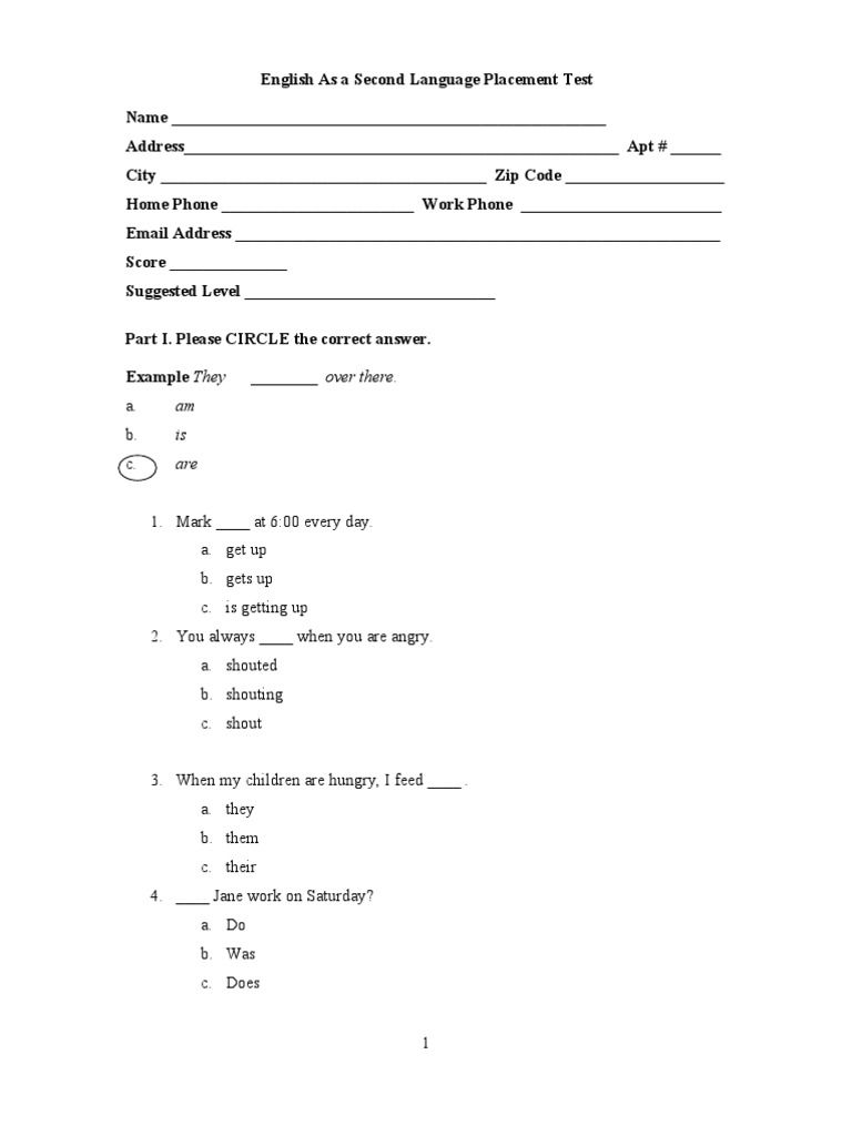 ESL Placement Test | PDF