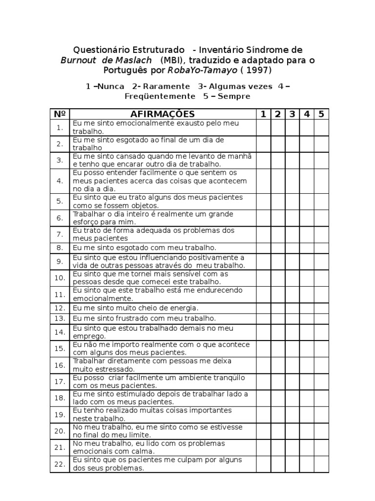 Questionrio_Estruturado_MBI | Burnout Ocupacional | Avaliação gratuita ...