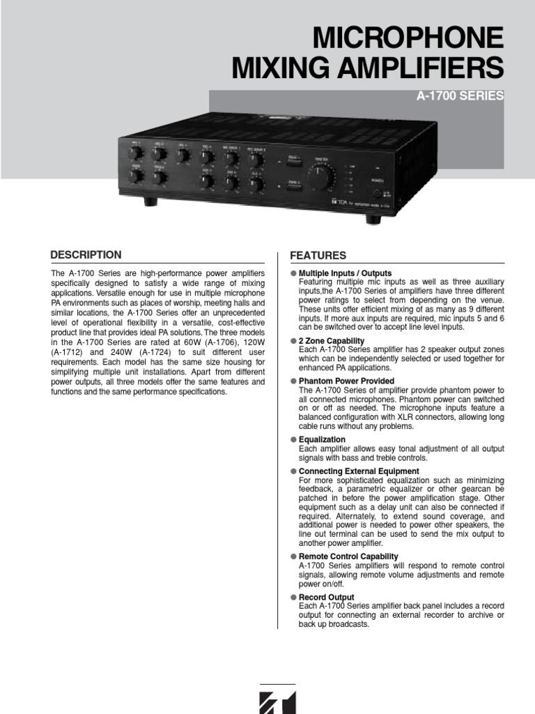 TOA-1700 Series Mixing Amp | PDF | Amplifier | Microphone