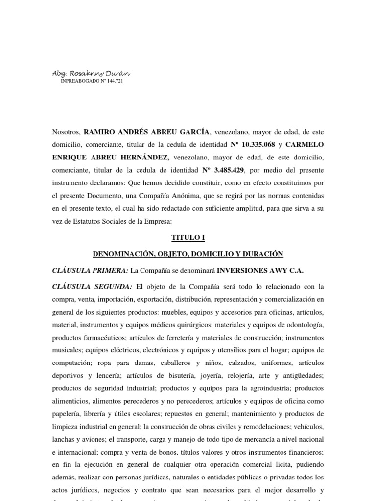 Acta Constitutiva Inversiones Awy C.A. | Compartir (Finanzas) | Negocios (general)