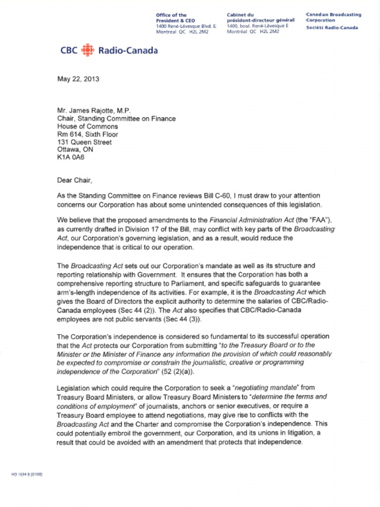 CBC Letter | PDF | Canadian Broadcasting Corporation | Board Of Directors