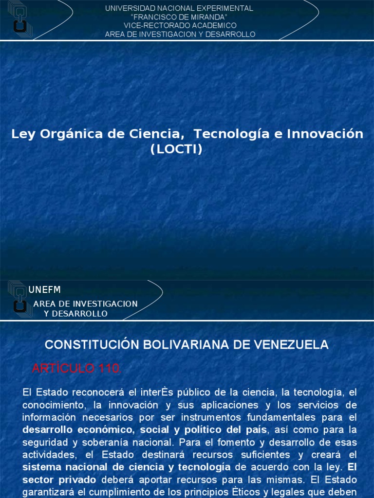 Presentacion LOCTI | PDF | Investigación y desarrollo | Innovación