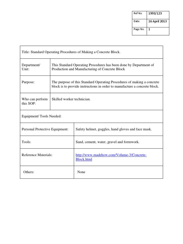 SOP of Making Concrete Block 1 | PDF | Concrete | Industries