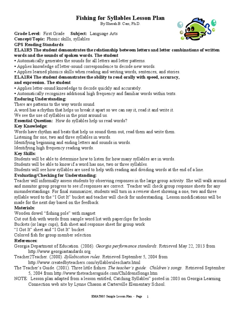 Fishing For Syllables Lesson Plan | PDF | Linguistics | Cognition