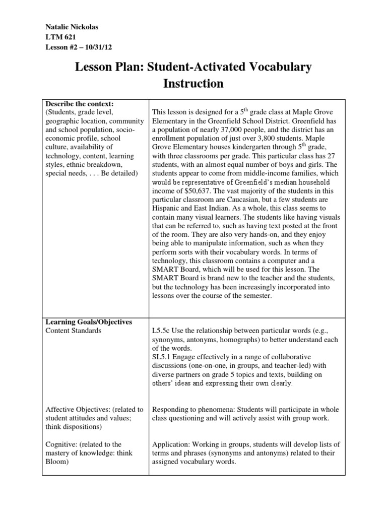Fifth Grade Savi Lesson Plan and Handout LTM 621 | PDF | Vocabulary ...