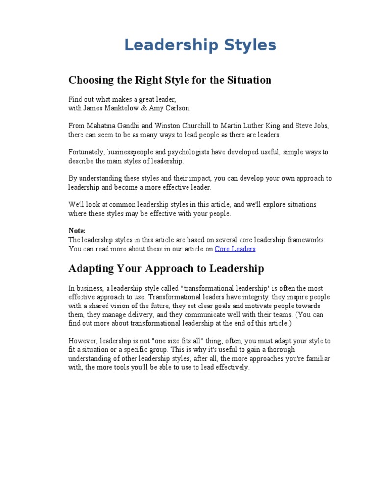 Leadership Styles | PDF | Transformational Leadership | Servant Leadership