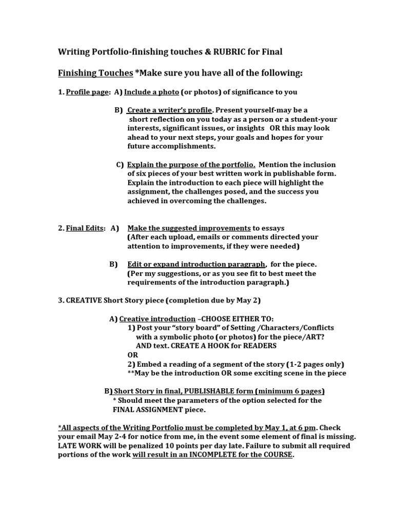 Writing Portfolio RUBRIC and Final Work | PDF