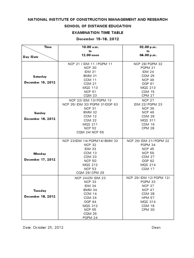 RCC Exam Dec2012 ExamTimeTable | PDF