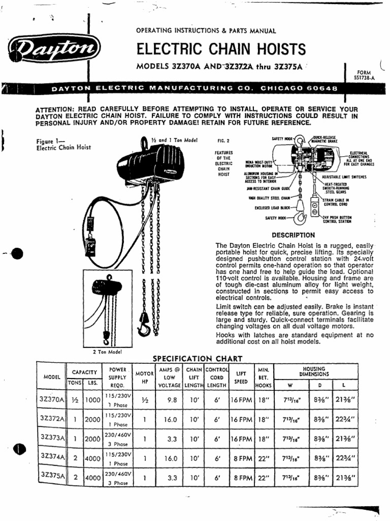 Dayton 3z374a Hoist Manual | PDF