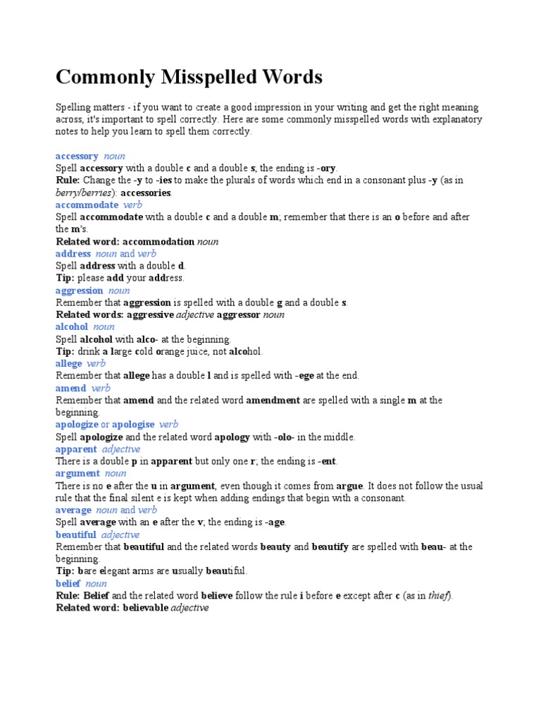 Commonly Misspelled Words | PDF | Verb | Adjective