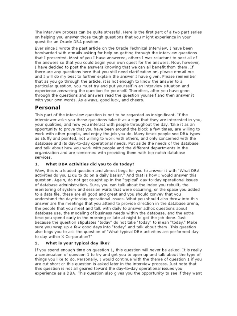 Personal: 1. What DBA Activities Did You To Do Today? | PDF | Oracle Database | Sql