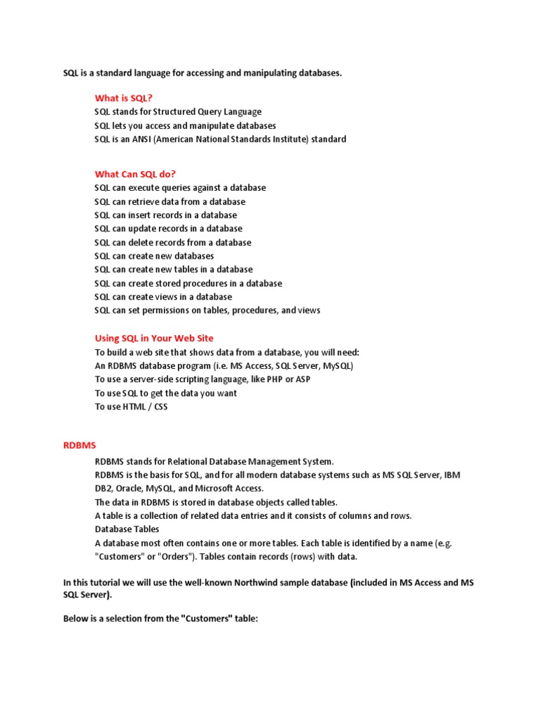 What Is Sql Sql Is A Standard Language For Accessing And Manipulating Databases Pdf Sql