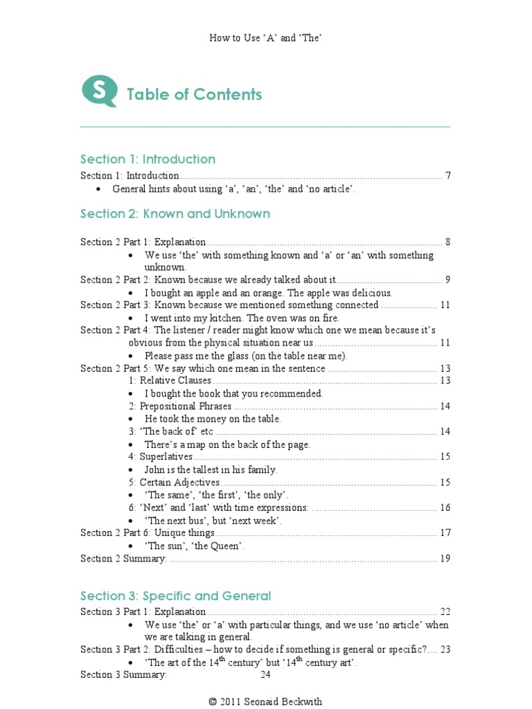 How To Use A and The Table of Contents | PDF
