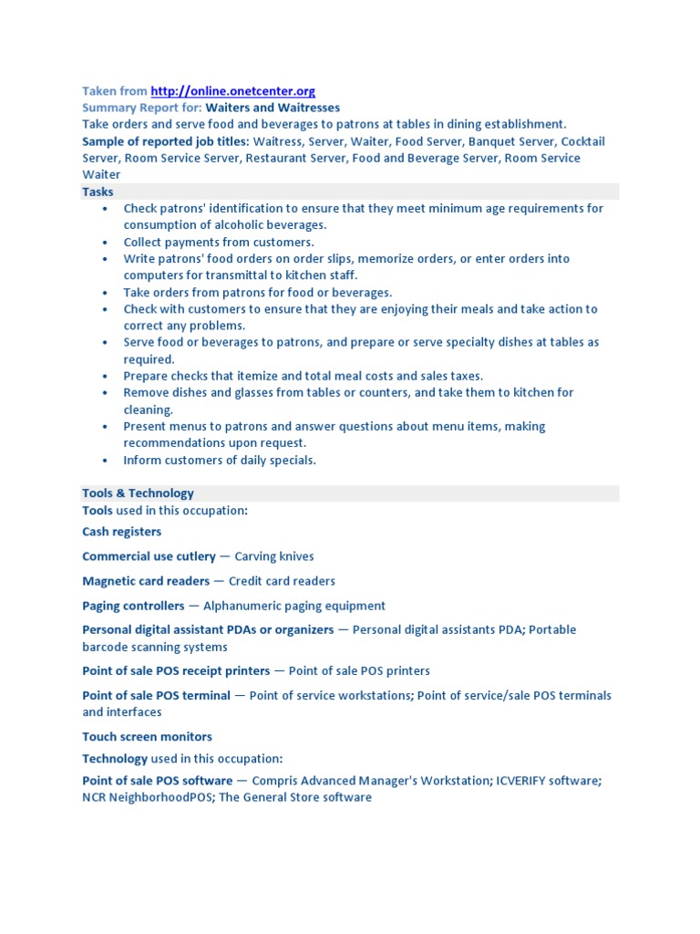 Job Analysis - Waiter - Waitress Job Summary | PDF | Point Of Sale | Waiting Staff