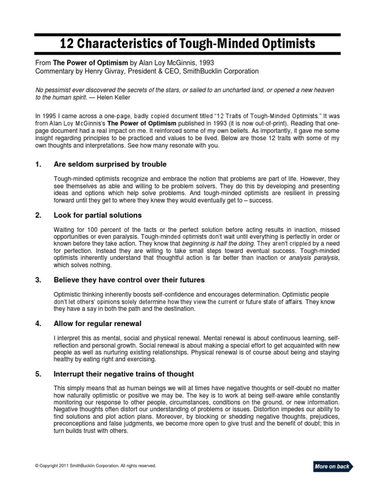 Known The 12 Characteristics of Tough Minded Optimists | PDF | Optimism ...