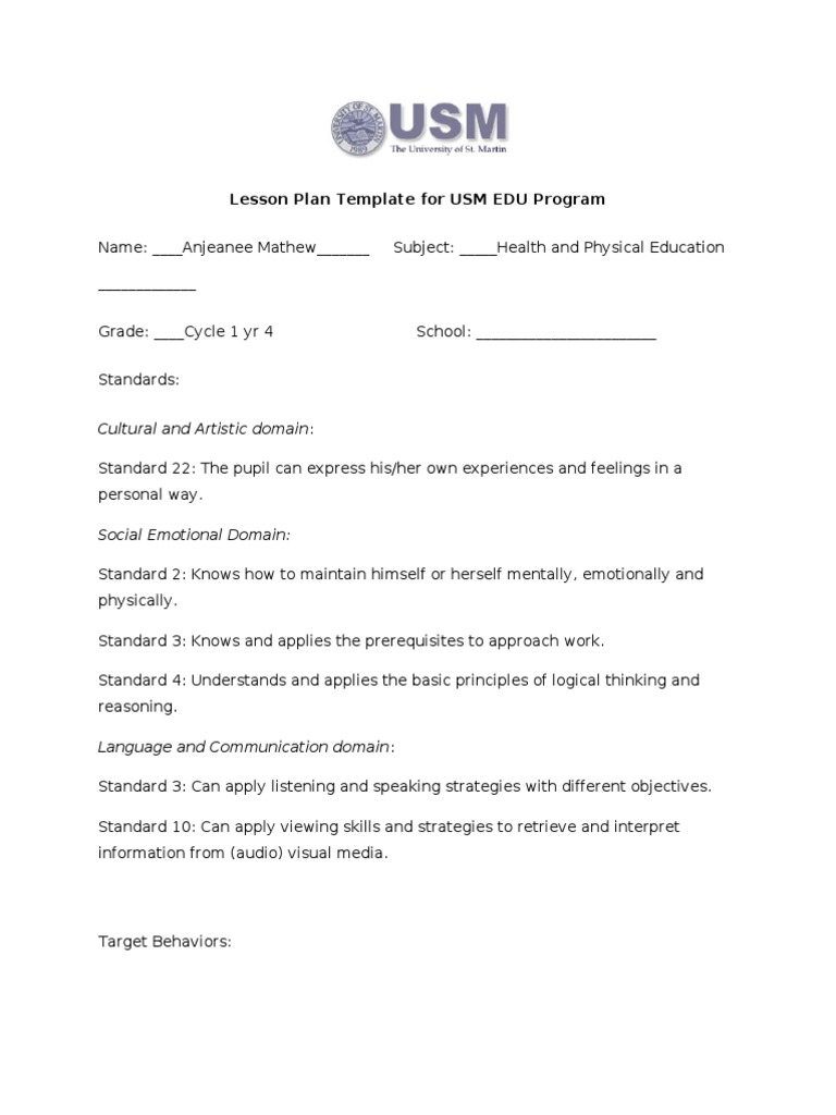 Health Education Lesson Plan Template | PDF