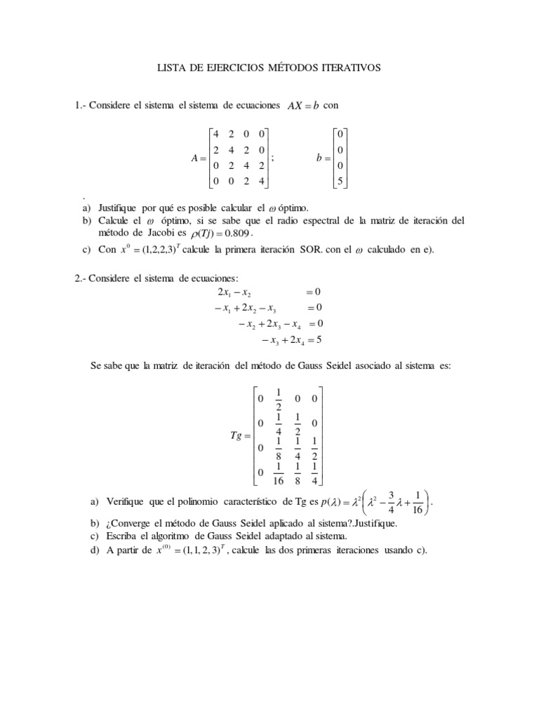 Lista de Ejercicios Metodos Iterativos | PDF | Sistema de ecuaciones lineales | Valores propios ...