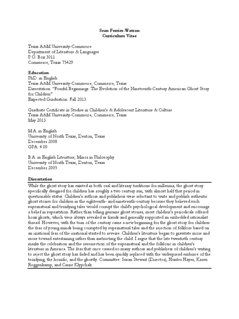 Sean Ferrier-Watson's NEW CV | PDF | English Studies | Ghosts