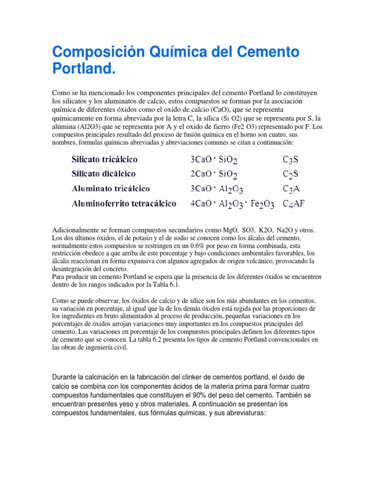 Composición Química del Cemento Portland | PDF | Cemento | Hormigón