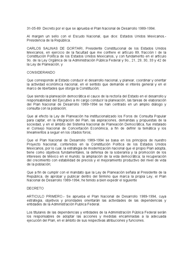 Plan Nacional de Desarrollo 1989-1994 | PDF | México | Presupuesto