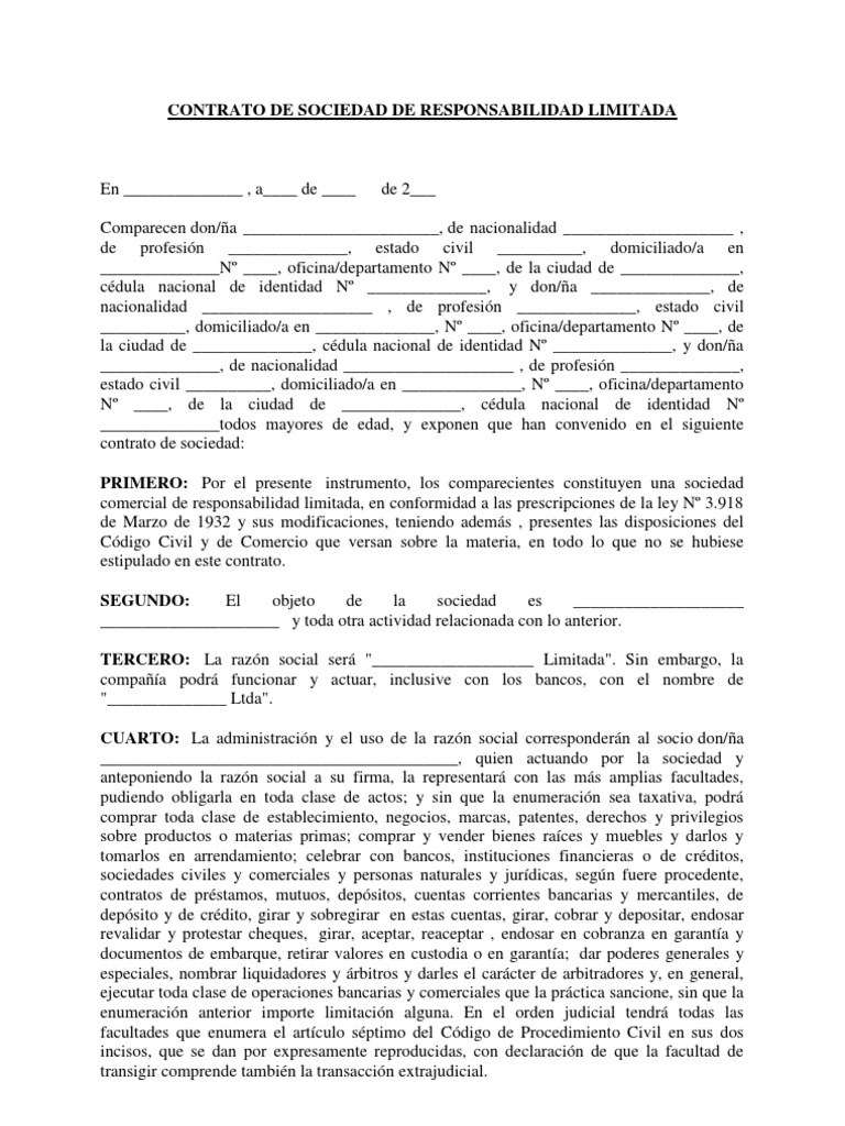 Modelo Contrato de SRL | PDF | Compañía de responsabilidad limitada | Liquidación