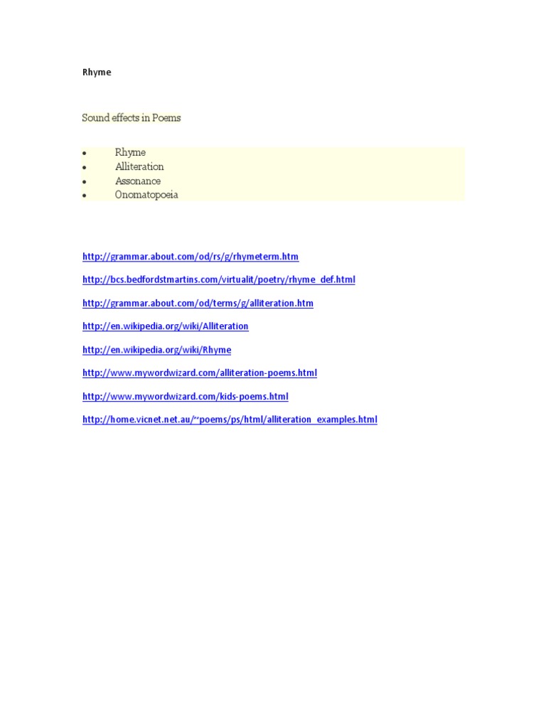 Rhyme: Sound Effects in Poems | PDF