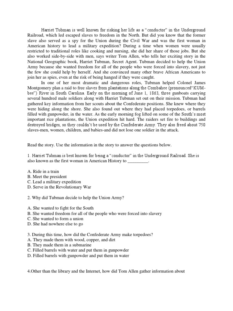 Reading Comprehension | PDF | Harriet Tubman | Union (American Civil War)