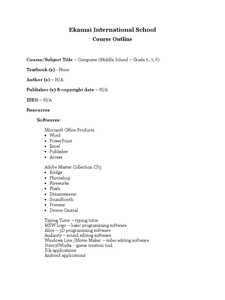 Course Outline Grade 6-7-8-2012-2013 | PDF | Software | Word Processor