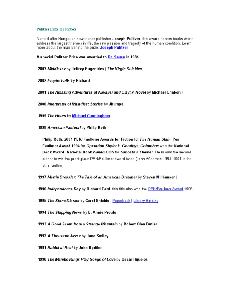 Pulitzer Prize For Fiction | PDF | Novelists | American Novelists