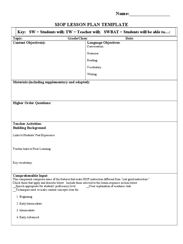 Siop Lesson Plan Template | PDF