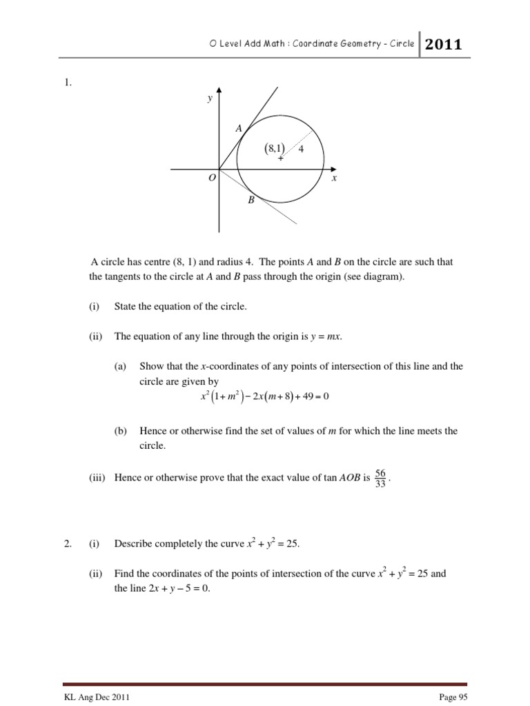 O Level Add Math: Coordinate Geometry - Circle | PDF | Circle | Line ...