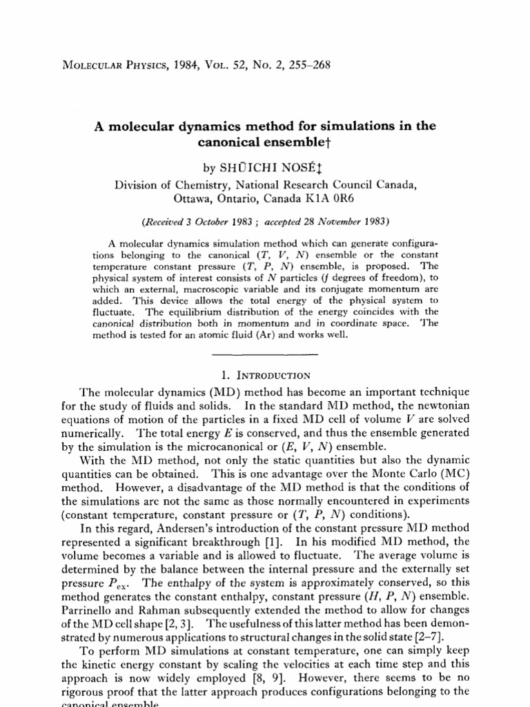 1984, A Molecular Dynamics Method For Simulations in The Canonical ...
