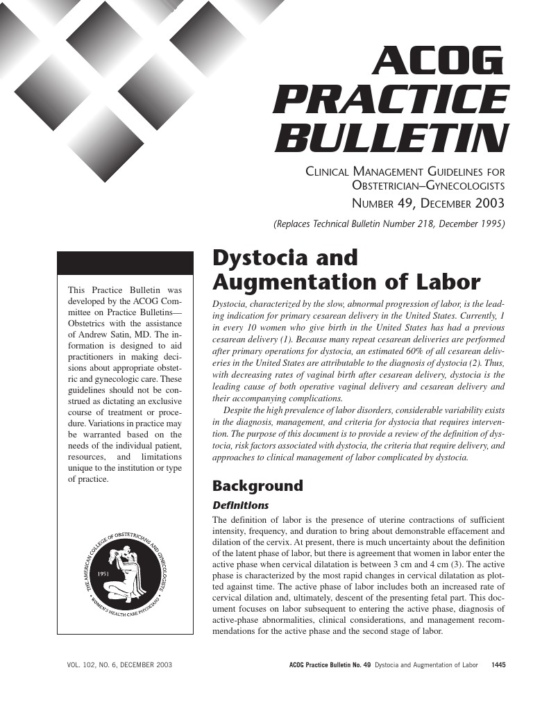 ACOG-49 Dystocia and Augmentation of Labor | PDF | Caesarean Section ...