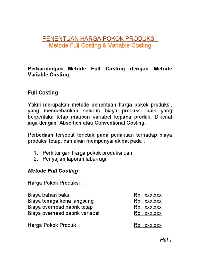 Metode Full Costing & Variable Costing | PDF