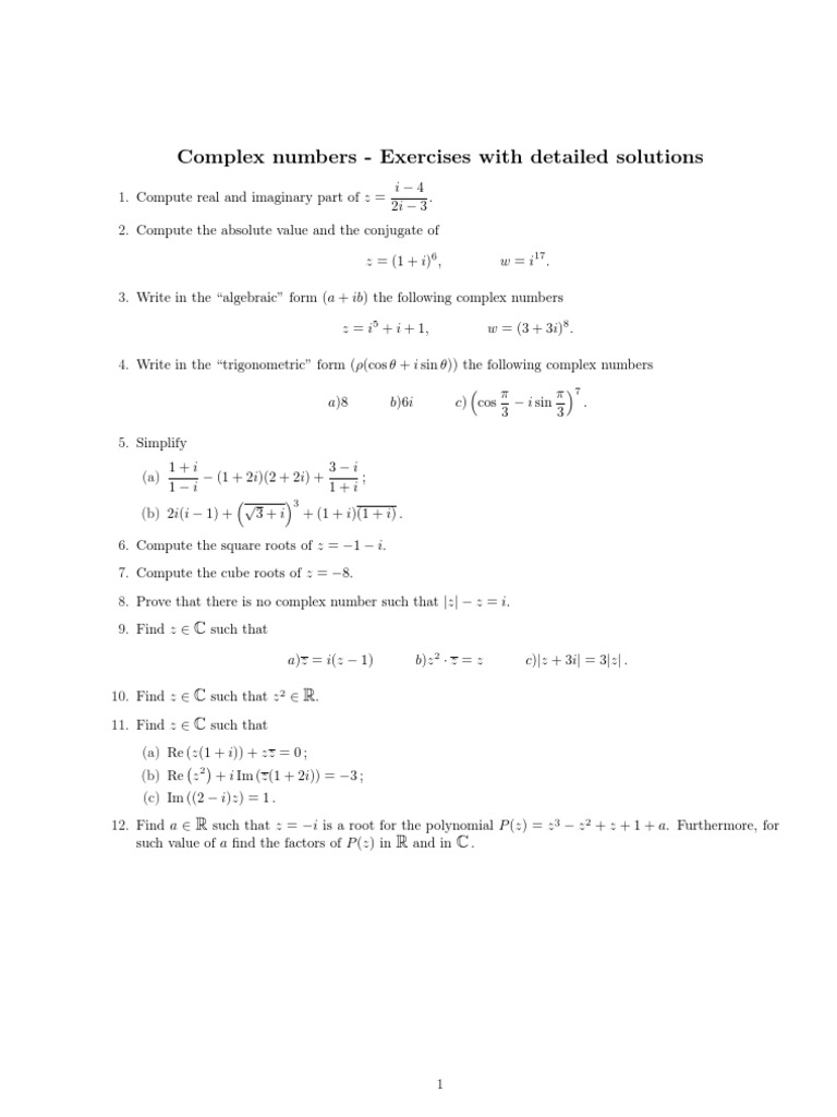 Complex Numbers Exercises | Download Free PDF | Trigonometric Functions ...
