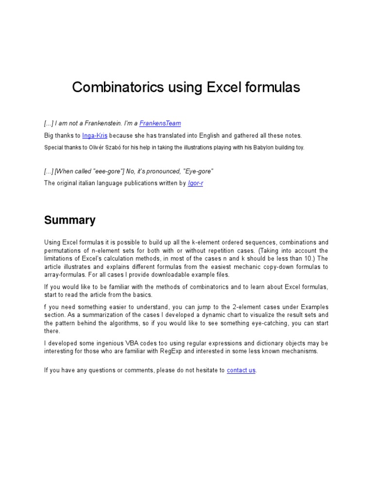 Combinatorics Using Excel Formulas | PDF