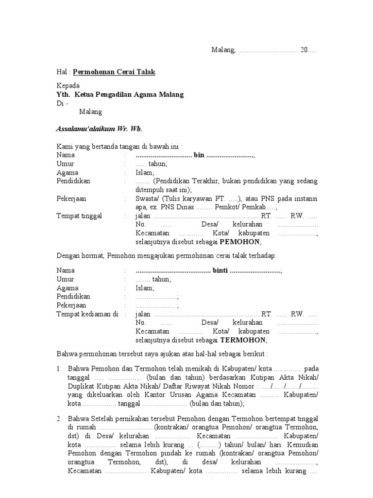 Form Permohonan Cerai Talak | PDF